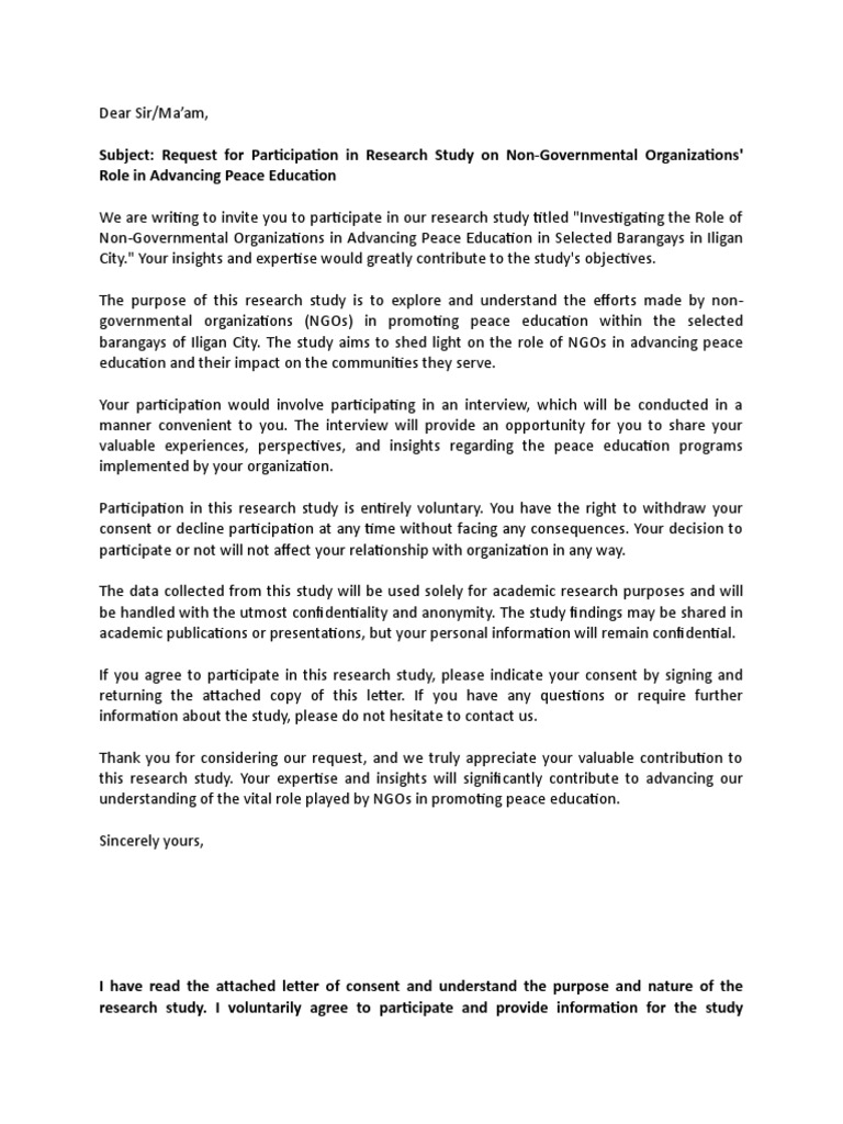Request For Participation in Research Study Letter | PDF | Non ...