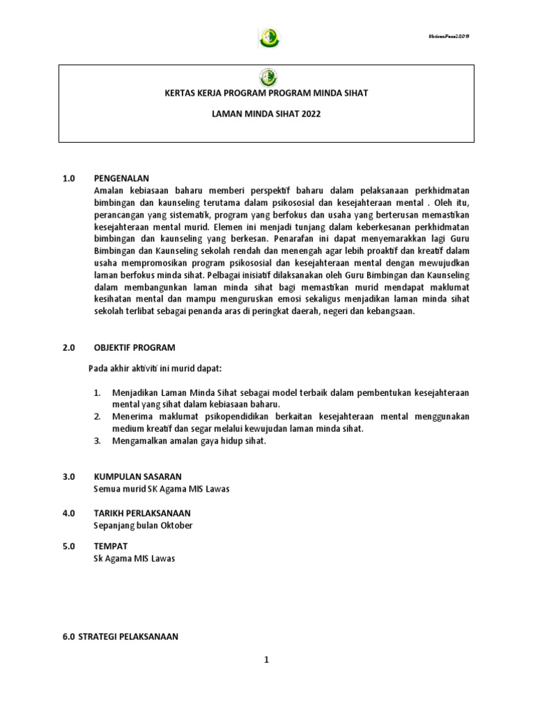 Kertas Kerja Motivasi Program Laman Minda Sihat 2022 | PDF
