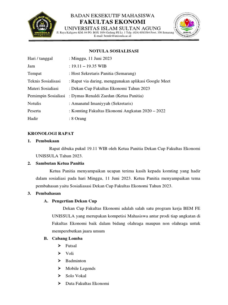 Notula Sosialisasi Dekan Cup Tahun 2023 | PDF