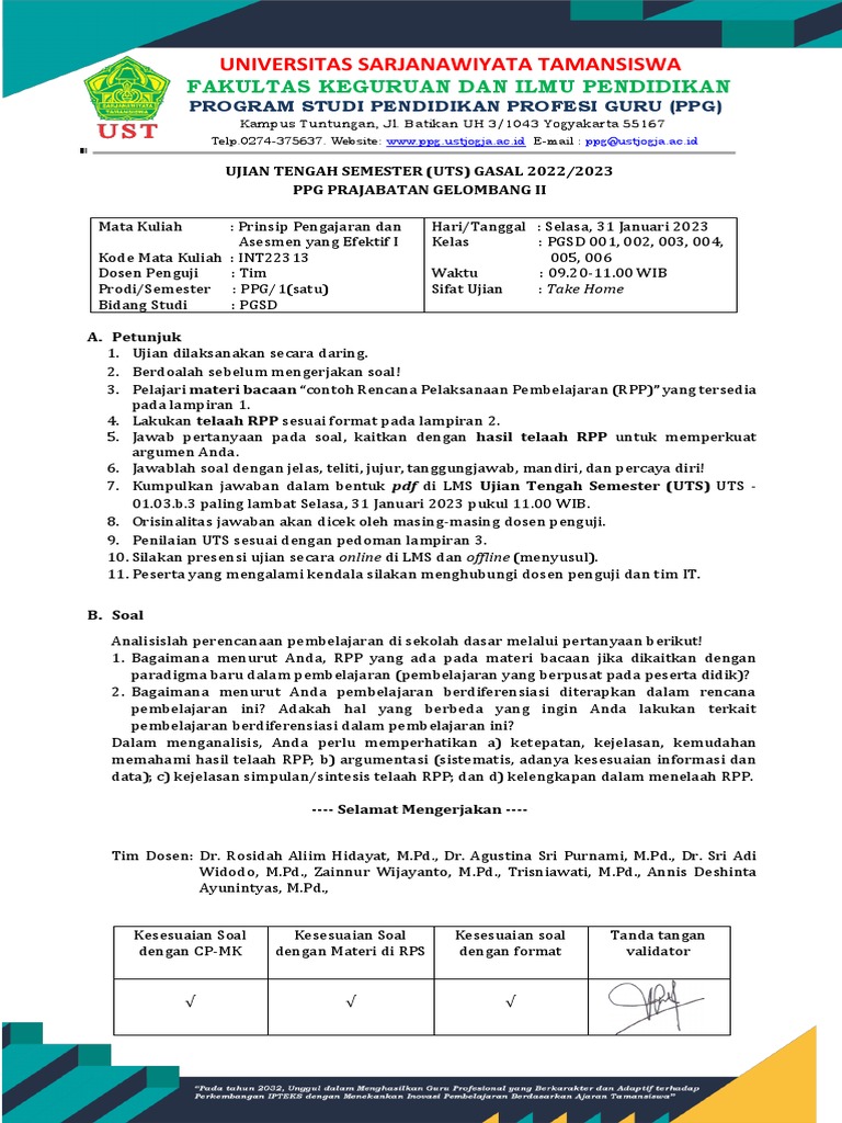 Soal UTS Prinsip Pengajaran Dan Asesmen Yang Efektif I PPG Prajab Gel 2 | PDF