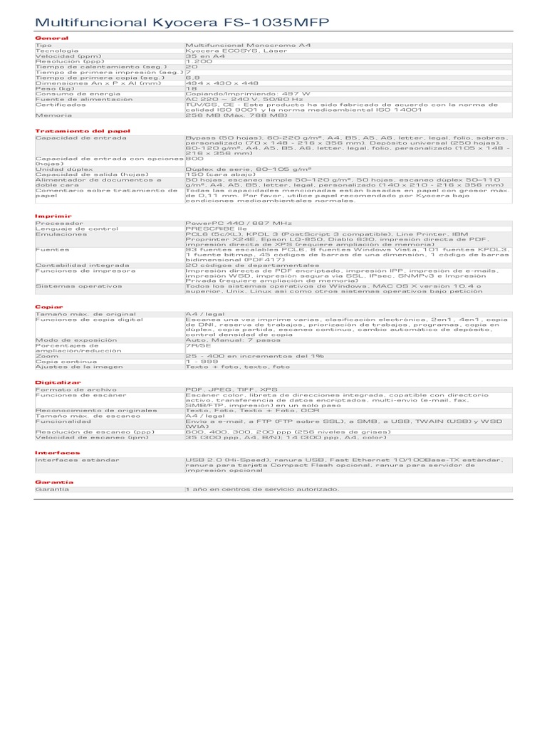 Multifuncional Kyocera FS-1035MFP A4 | PDF | Hardware de la computadora ...