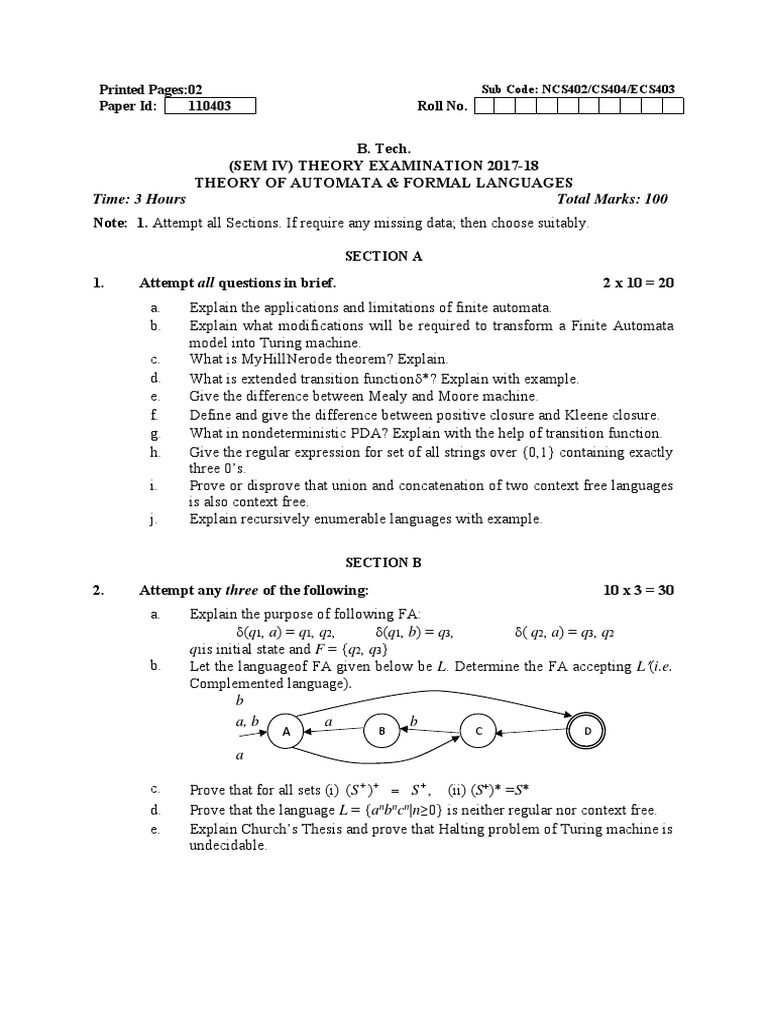 Btech Cs 4 Sem Theory of Automata and Formal Languages ncs402 2018 | Download Free PDF | Theory ...
