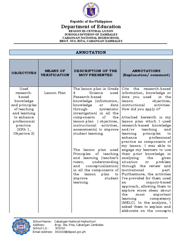 Annotation To KRA 1 Objective 2 - Research & Principles of Teaching | PDF | Lesson Plan | Learning