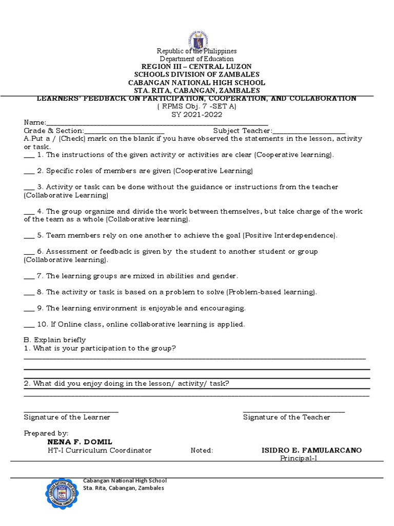 Learners Feedback KRA 2 Objective 7 Set A | PDF | Learning | Behaviorism Learners Feedback KRA 2 Objective 7 Set A | PDF | Learning | Behaviorism