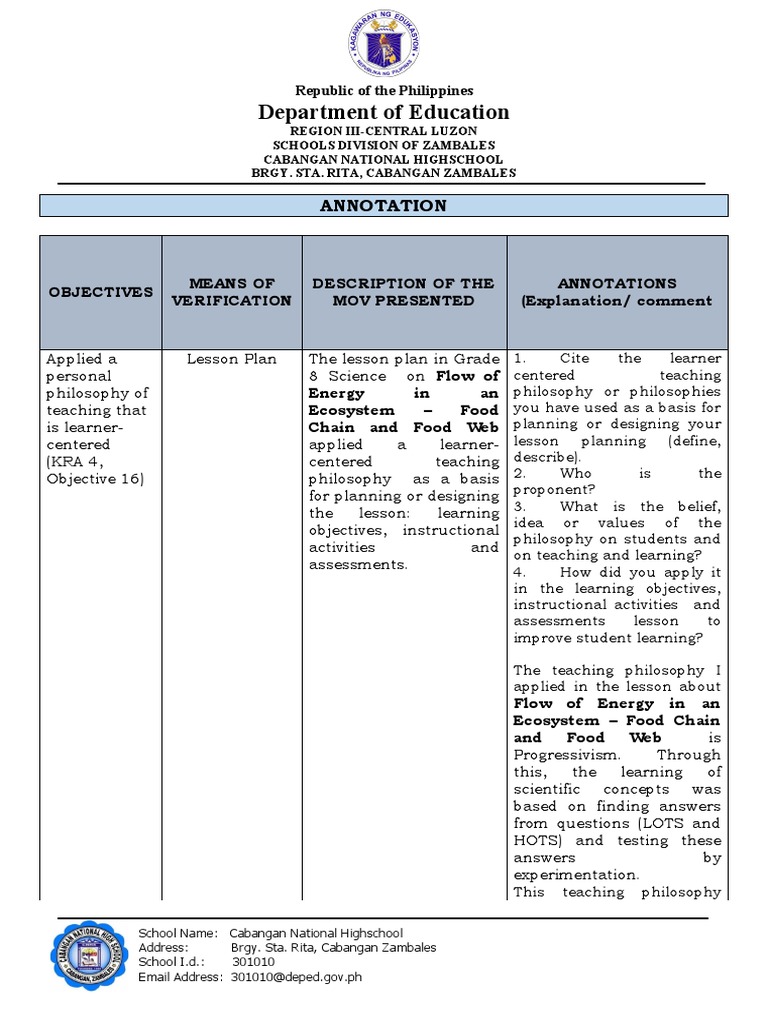 Annotation To KRA 4 Objective 16 - Personal Philosophy of Teaching ...