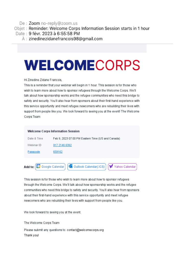 Reminder Welcome Corps Information Session Starts in 1 Hour | PDF ...