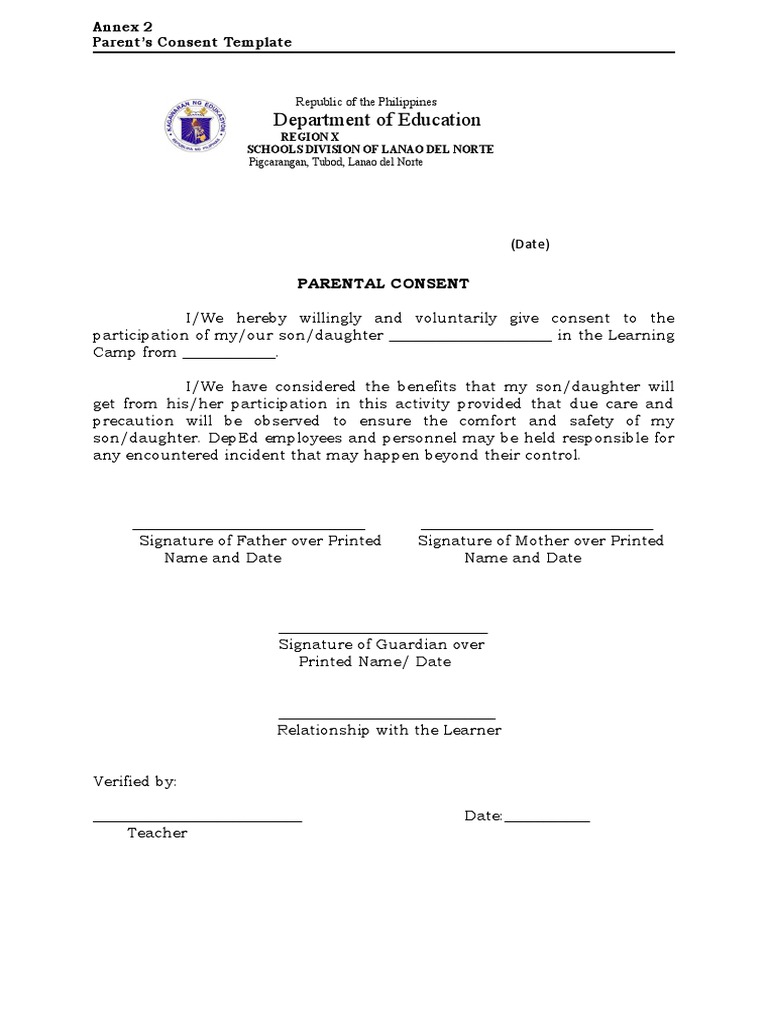 NLC Parent Consent Form Template | PDF | Social Institutions