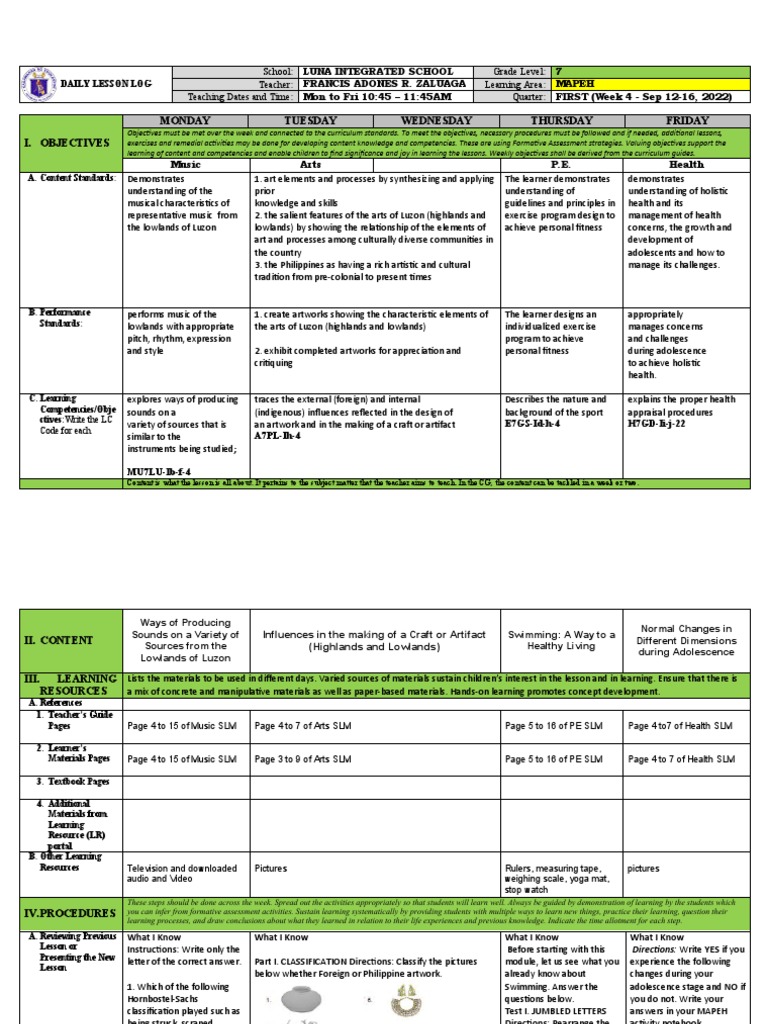 DLL - MAPEH 7 (Week 4) | PDF | Swimming