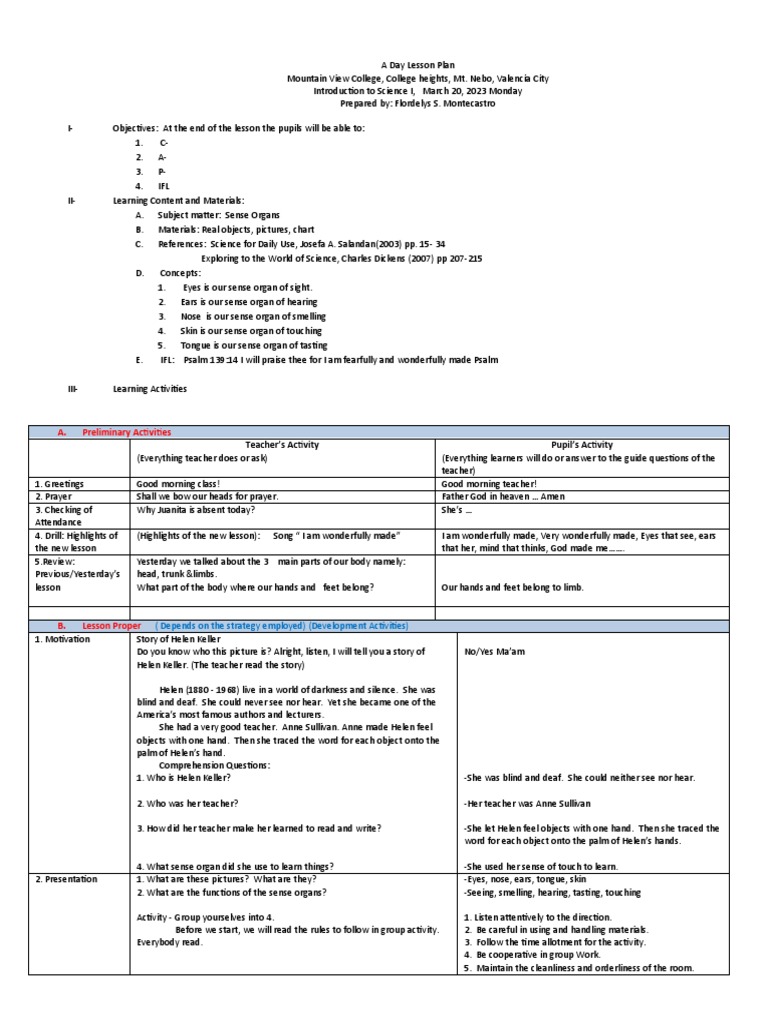 Sample Lesson Plan | PDF | Senses | Taste
