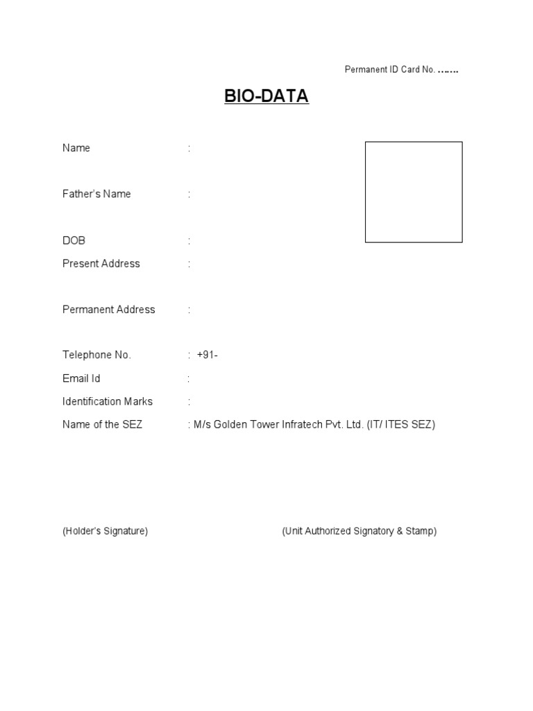 Bio Data Format - SEZ Card For Permanent Employees | PDF