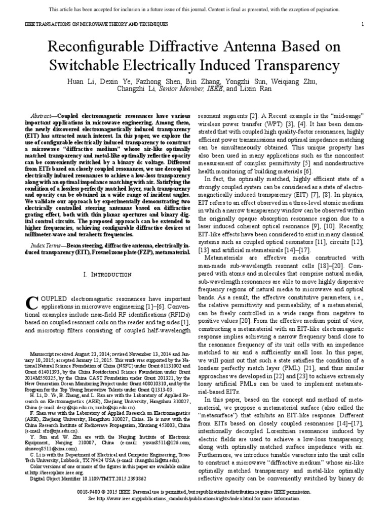 Reconfigurable Diffractive Antenna Based On Switchable Electrically Induced Transparency | PDF ...