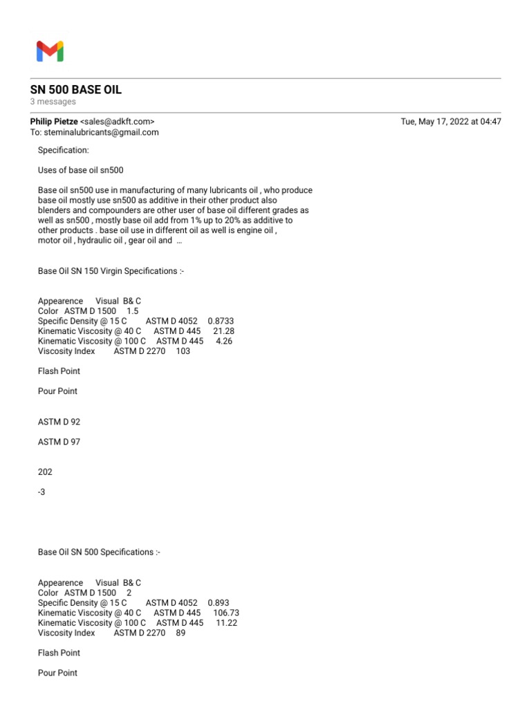 Gmail - SN 500 Base Oil | PDF | Motor Oil | Petroleum