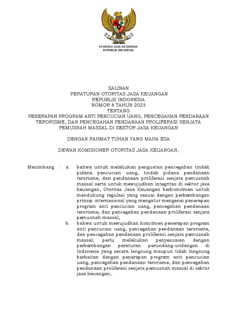 Peraturan Otoritas Jasa Keuangan Nomor 8 Tahun 2023 | PDF