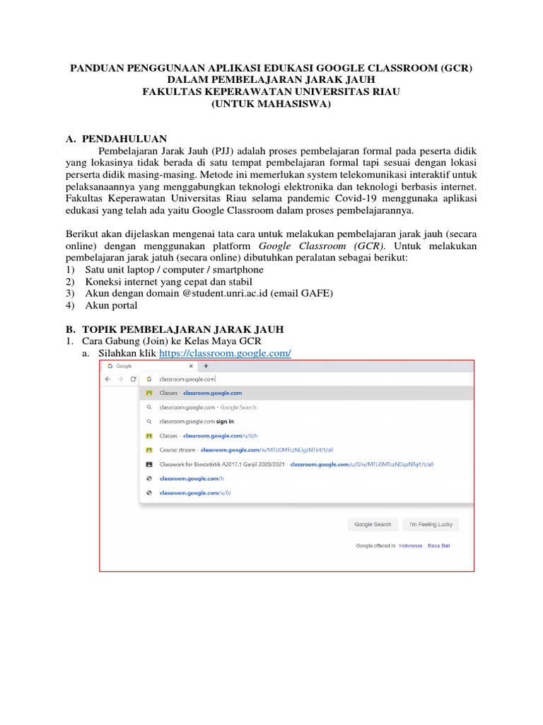 Panduan Penggunaan Aplikasi Edukasi Google Classroom GCR Untuk Mahasiswa | PDF
