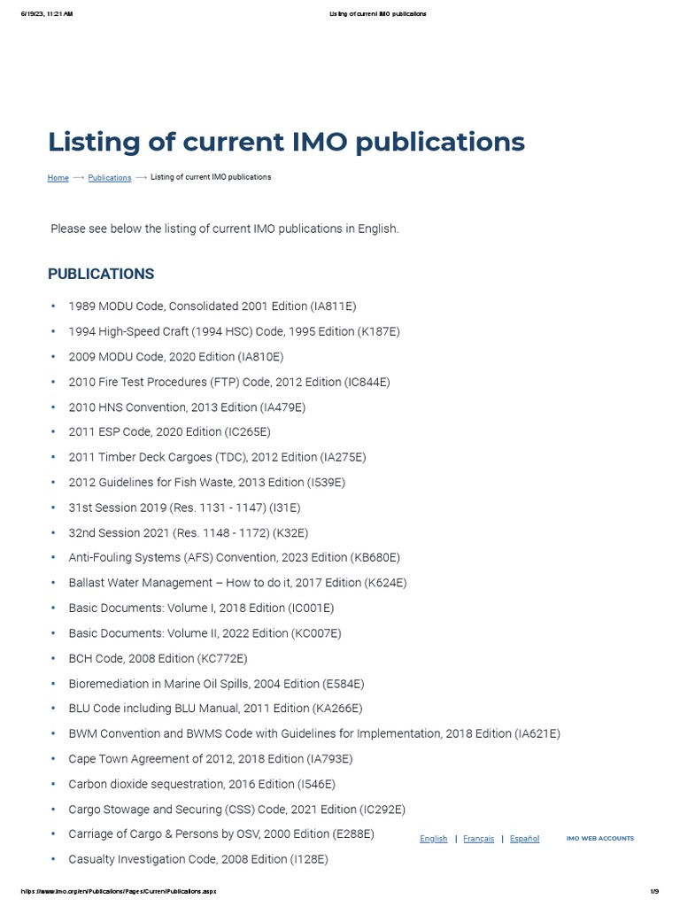 Listing of Current IMO Publications | PDF | Ships | Water Transport