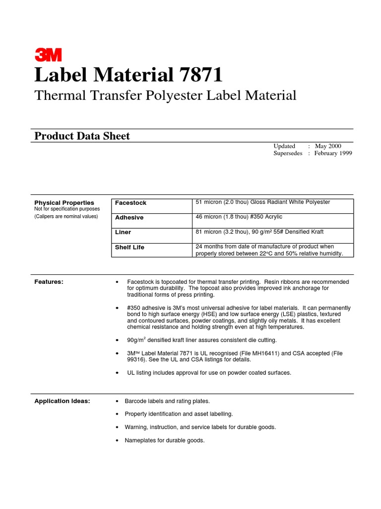 3M Label Material 7871 Data Sheet | PDF | Industrial Processes ...