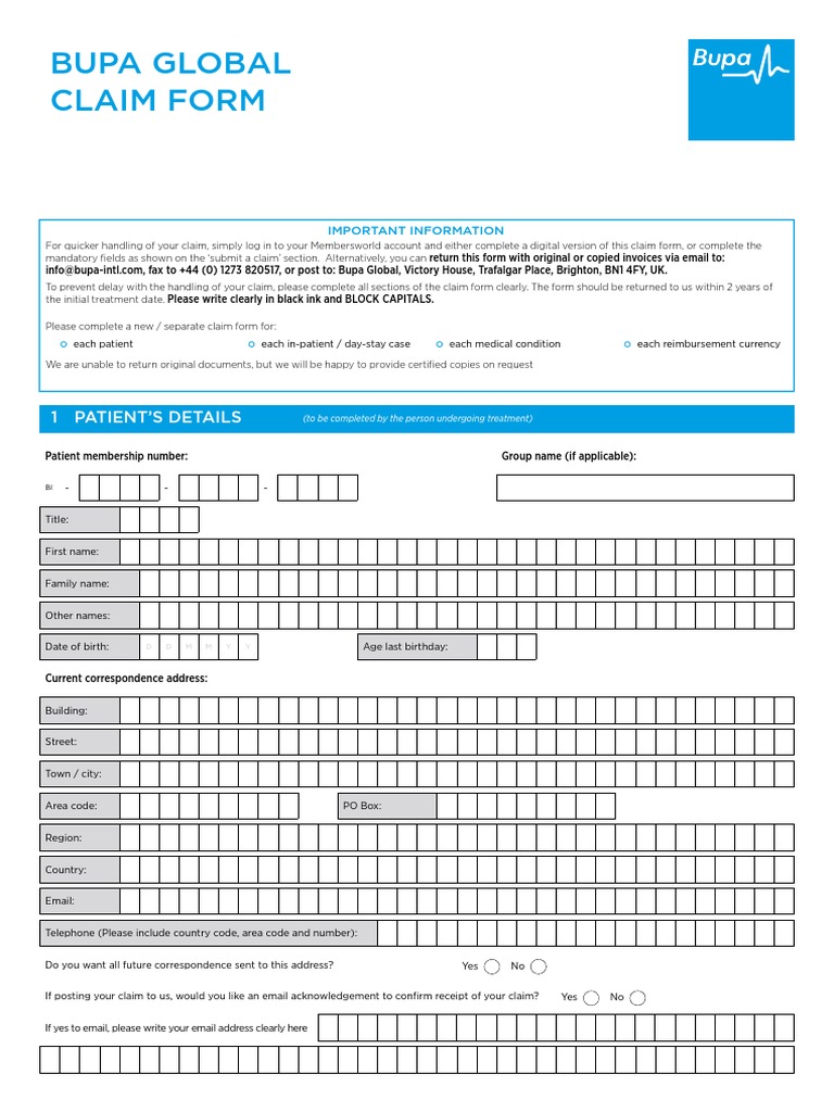 Bupa Global Claim Form | PDF | Payments | Service Industries