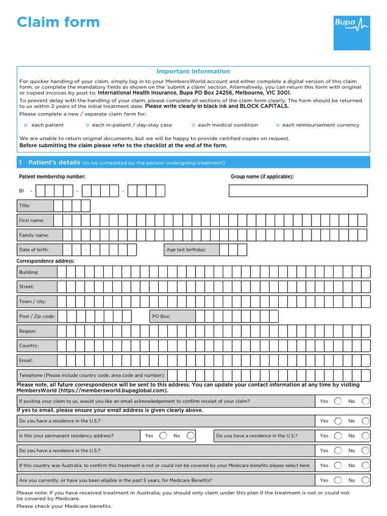 Bupa Global Claim Form | PDF | Payments | Deductible
