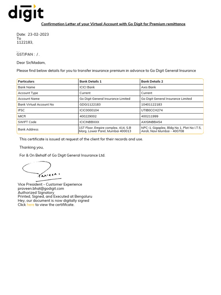 NEFT Details - Go Digit | PDF