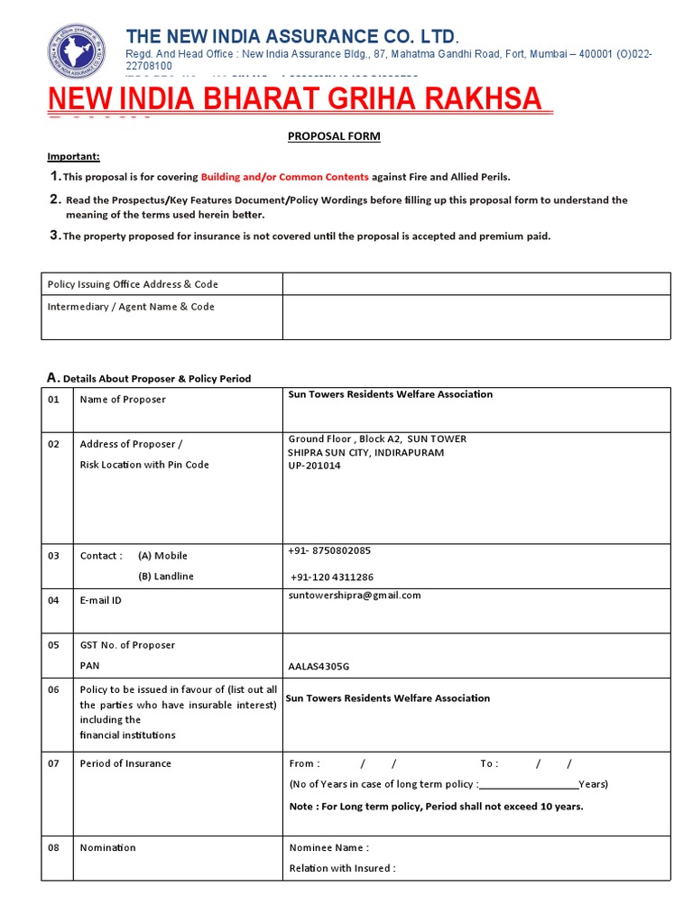 Proposal Form Sun Tower New India Bharat Griha Raksha Policy SRWA | PDF ...
