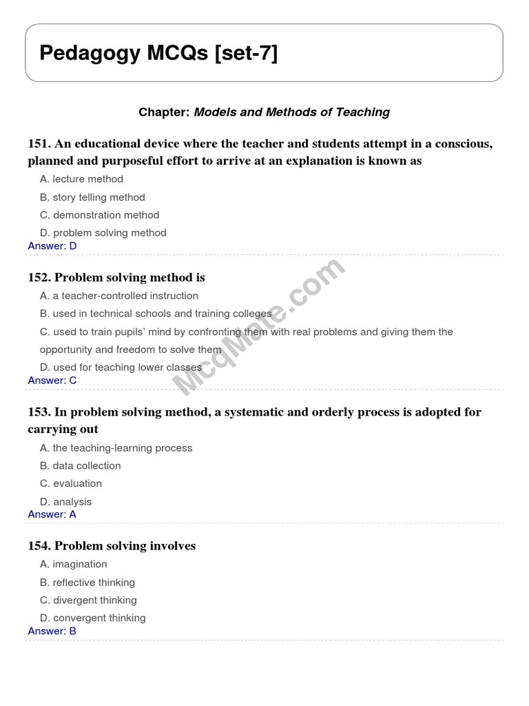 Pedagogy Solved MCQs (Set-7) | PDF | Teachers | Learning Pedagogy Solved MCQs (Set-7) | PDF | Teachers | Learning
