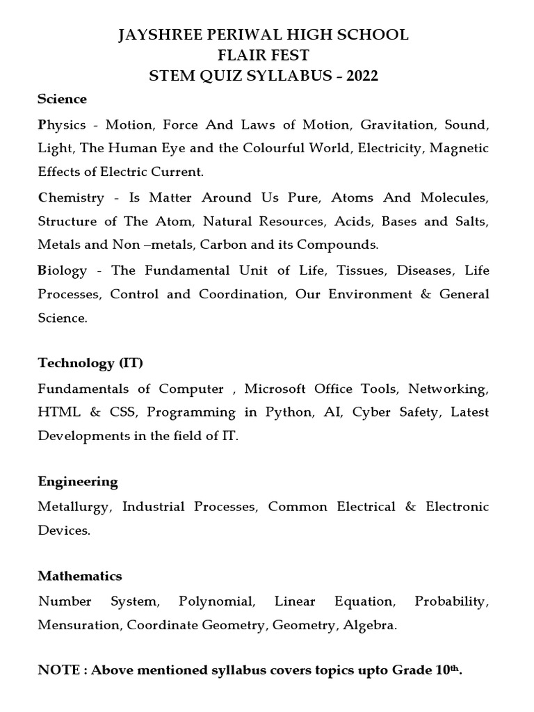 Stem Quiz Syllabus (Flair Fest) | PDF | Technology & Engineering