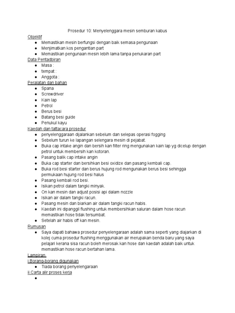 Prosedur 10 - Menyelenggara Mesin Semburan Kabus | PDF | Teknologi ...