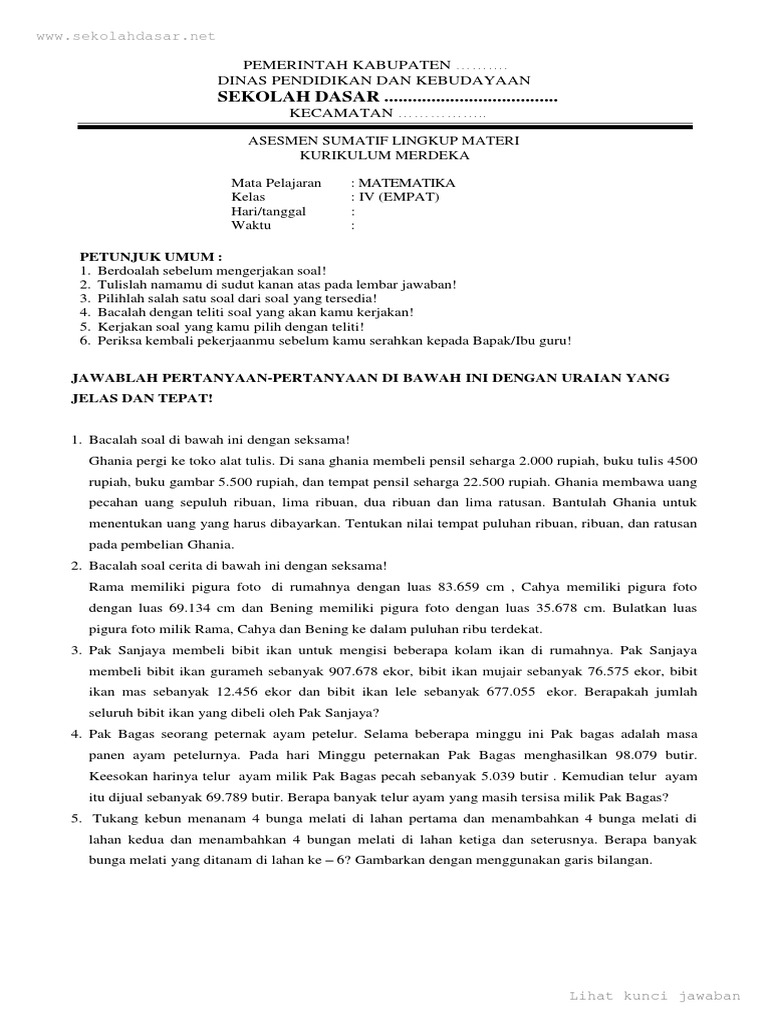 Soal Asesmen Sumatif Kelas 4 Mapel Matematika | PDF