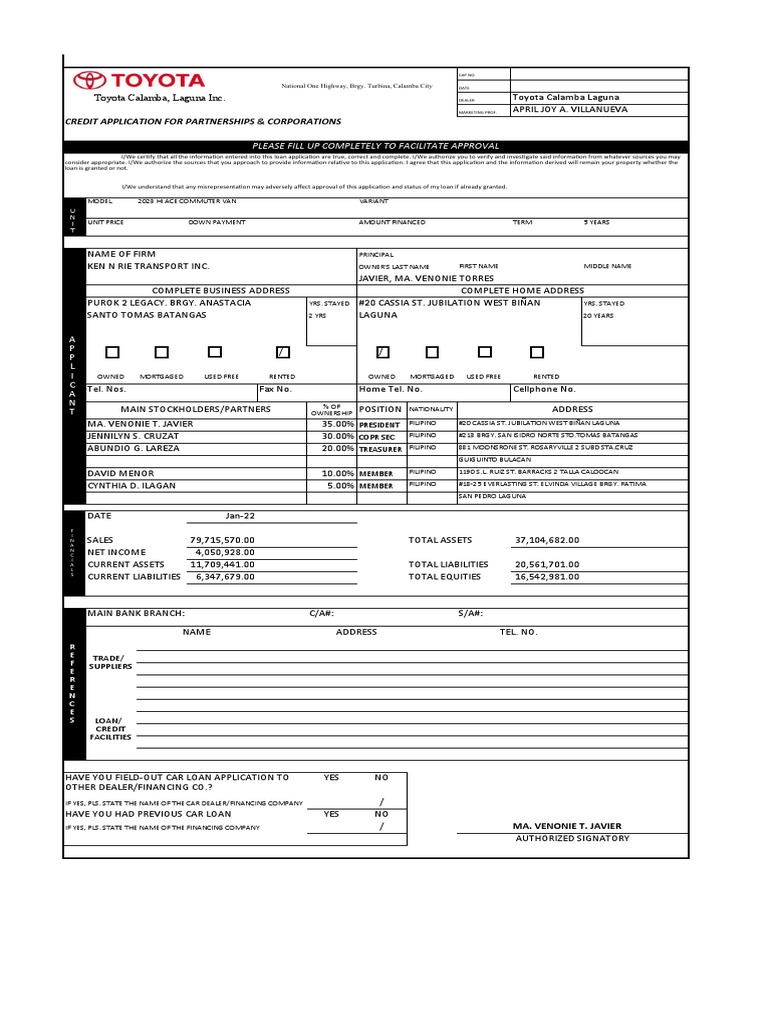 Toyota Calamba Credit Application Form | PDF | Mortgage Loan | Personal ...