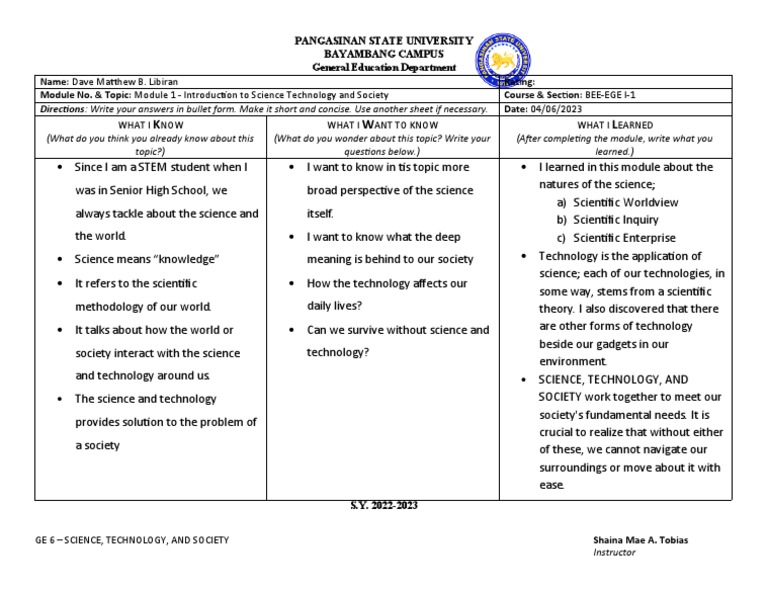 Bee-Ege - Libiran - Activity#1 - Ge6 STS | PDF | Science | Learning
