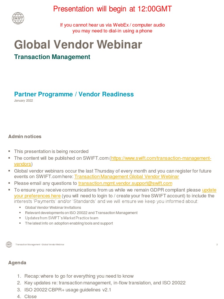 SWIFT Global Vendor Webinar 202201 | PDF | Verification And Validation | Web Conferencing