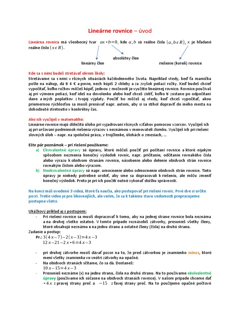 Lineárne Rovnice, Materiál - Úvod | PDF