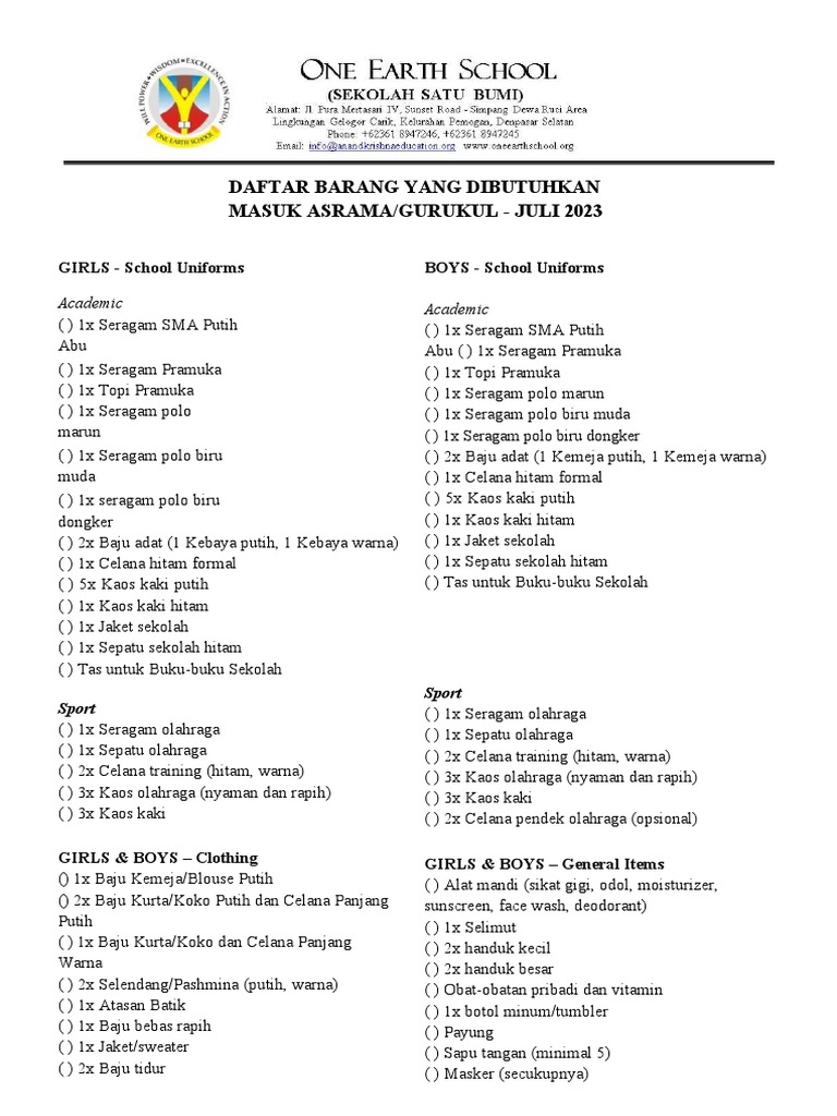 Sma List Barang-Barang Yang Perlu Dibawa 072023 | PDF