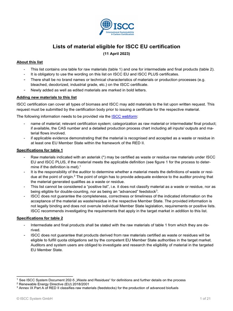 ISCC EU Material List 230411 Final-1 | PDF | Waste | Palm Oil