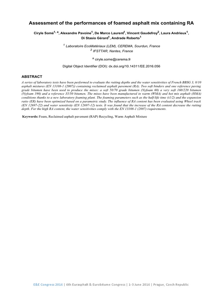 Assessment of The Performances of Foamed Asphalt Mix Containing RA ...