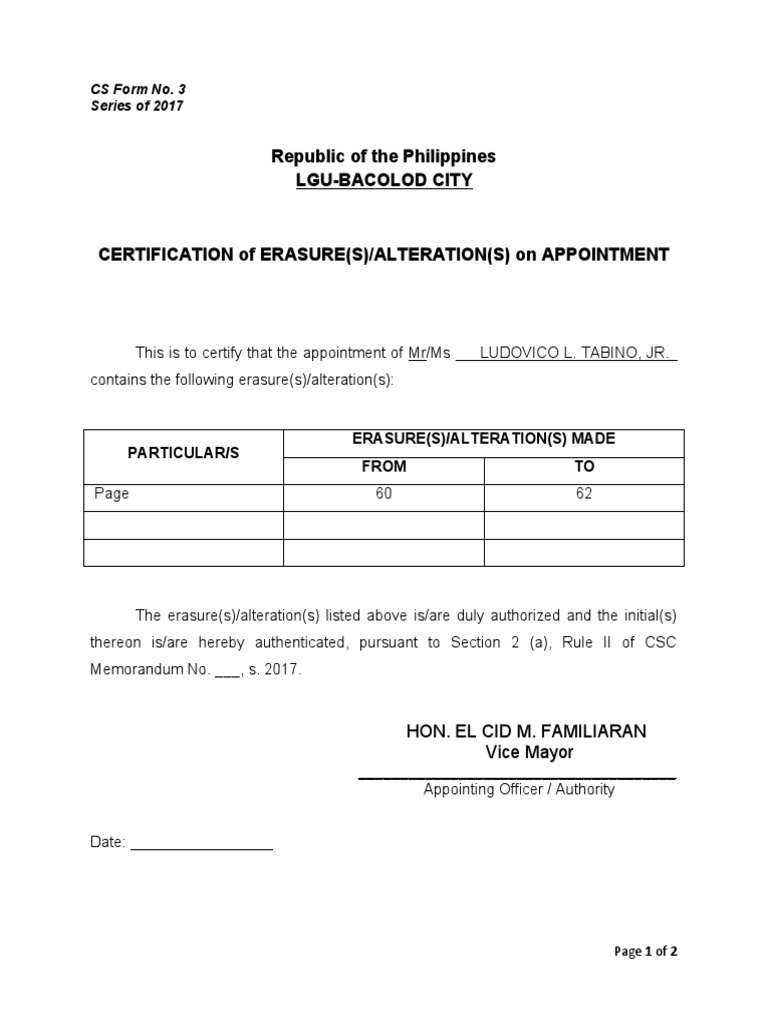 CS Form No. 3 Certificate of Erasures Alteration | PDF