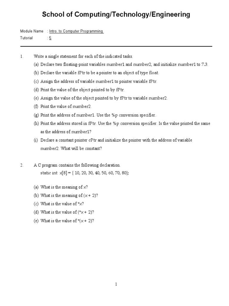 Tutorial 5 | PDF | Pointer (Computer Programming) | Computer Engineering Tutorial 5 | PDF | Pointer (Computer Programming) | Computer Engineering
