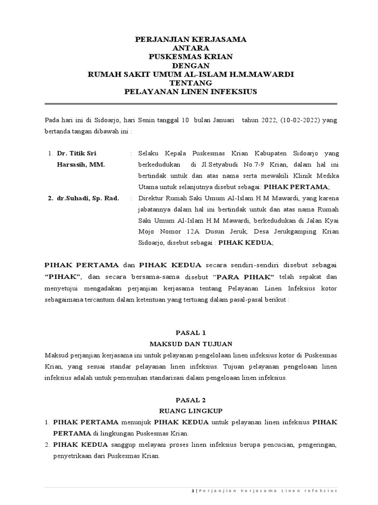 PKS RSU Al-Islam H.M Mawardi Dengan Klinik Puskesmas Tentang Linen ...