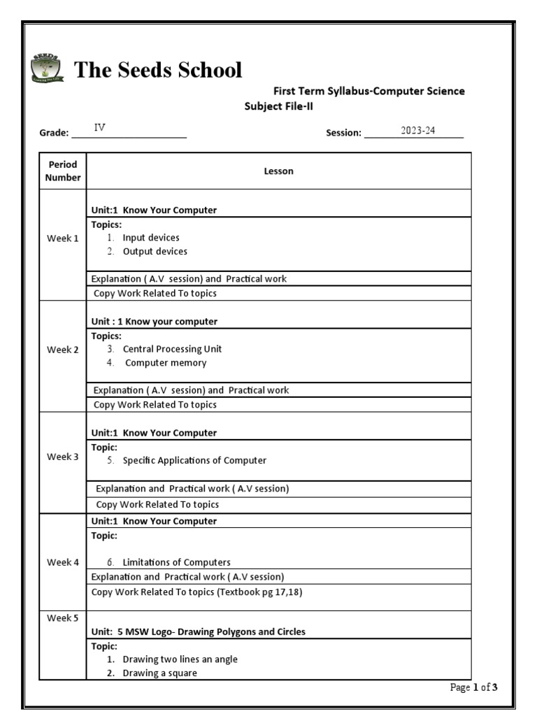 Computer Science Syllabus for Grade 1 | PDF | Computer Hardware ...