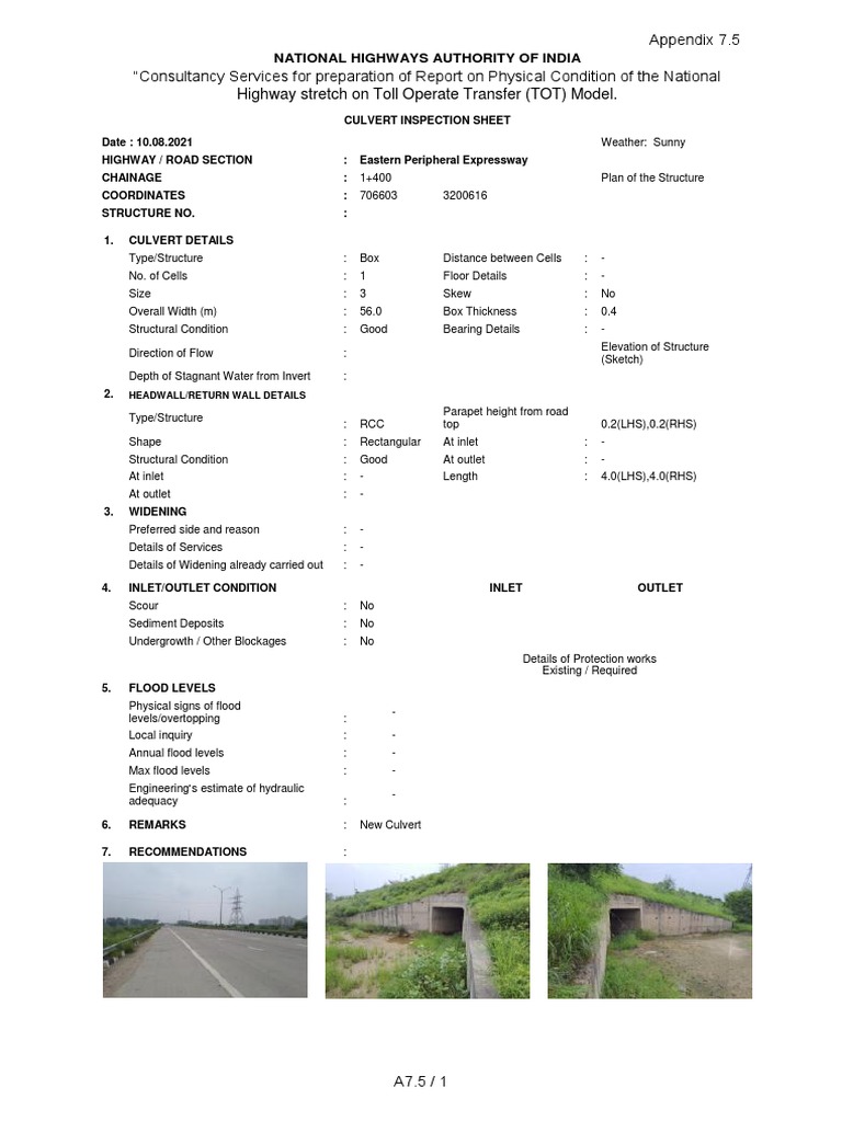 Appendix 7.5 - Culvert Inspection Sheet EPE-1 | PDF | Geomorphology ...