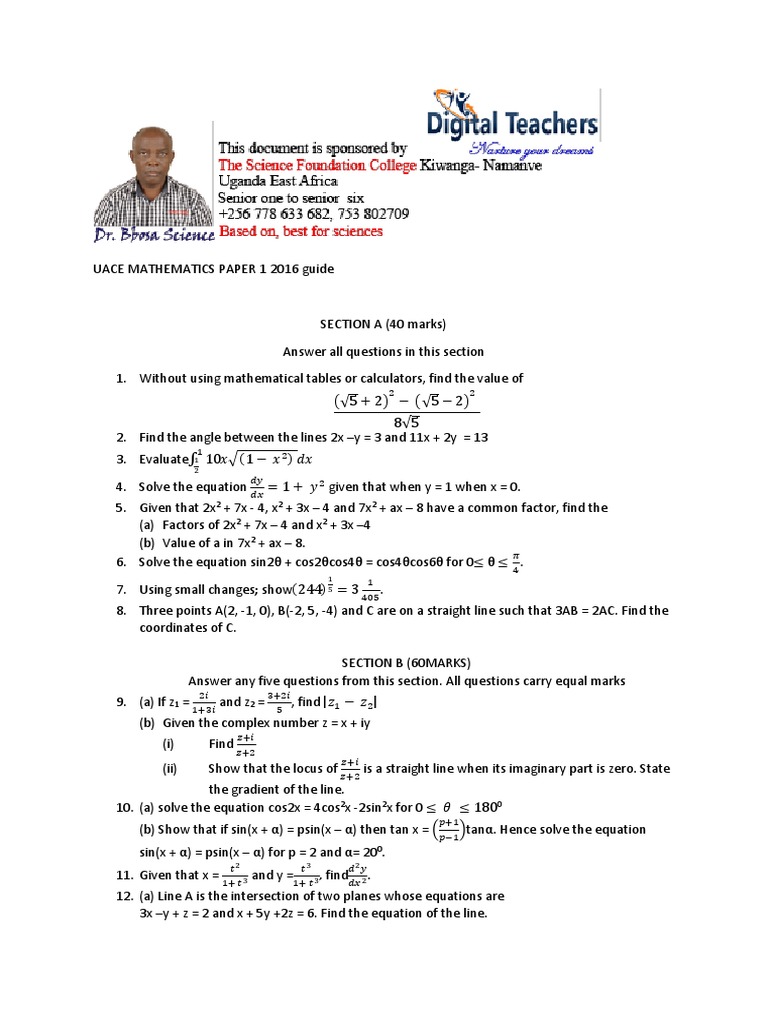 UACE Mathematics Paper 1 Marking Guide 2016 | PDF | Elementary Geometry ...