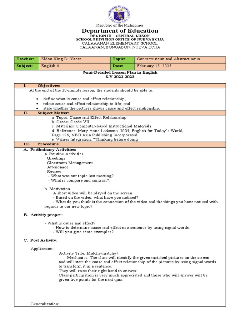ELDON LESSON PLAN COT 1 Cause and Effect Lesson Plan COT 3RD GRADING ...
