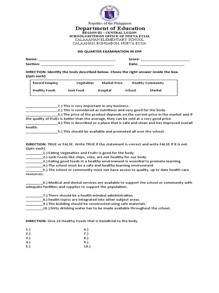 EPP 4th Quarter Exam Overview | PDF | Schools | Healthy Diet
