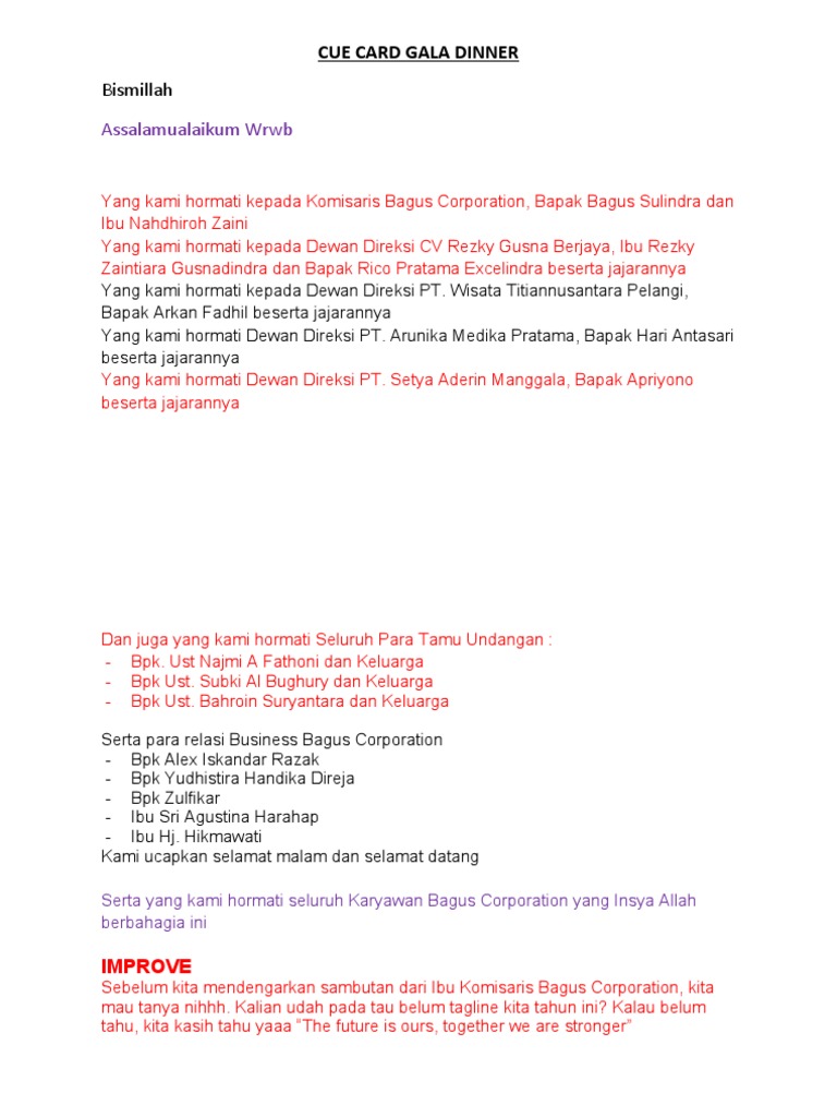 Cue Card Gala Dinner | PDF