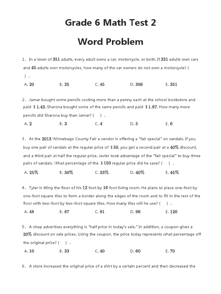 Grade 6 Math Test 2 | PDF