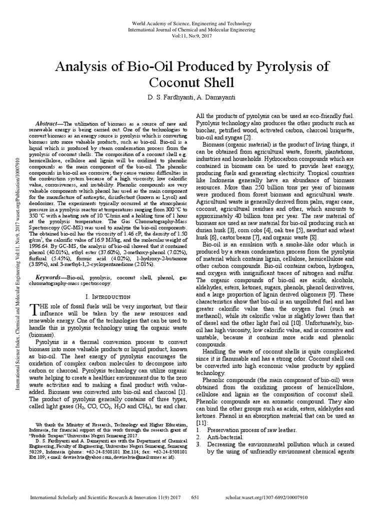 Analysis of Bio Oil Produced by Pyrolysis of Coconut Shell | PDF ...