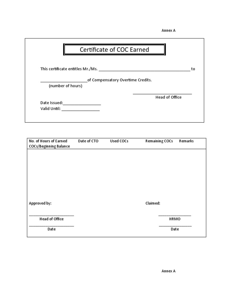Certificate of COC Earned: Annex A | PDF