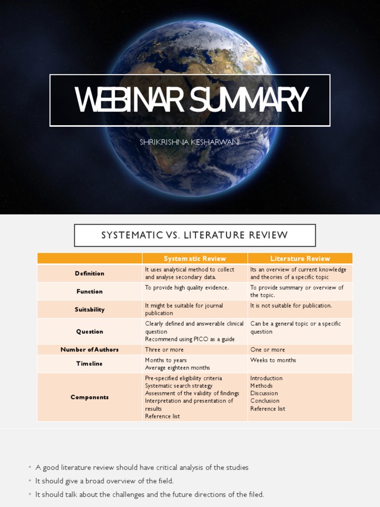Webinar Summary On Literature Review | PDF | Systematic Review | Science
