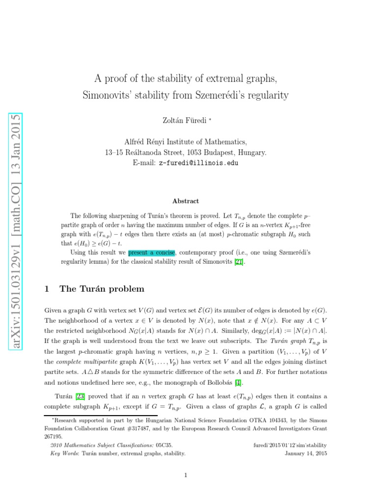 A Proof of The Stability of Extremal Graphs, Simonovits' Stability From Szemer Edi's Regularity ...