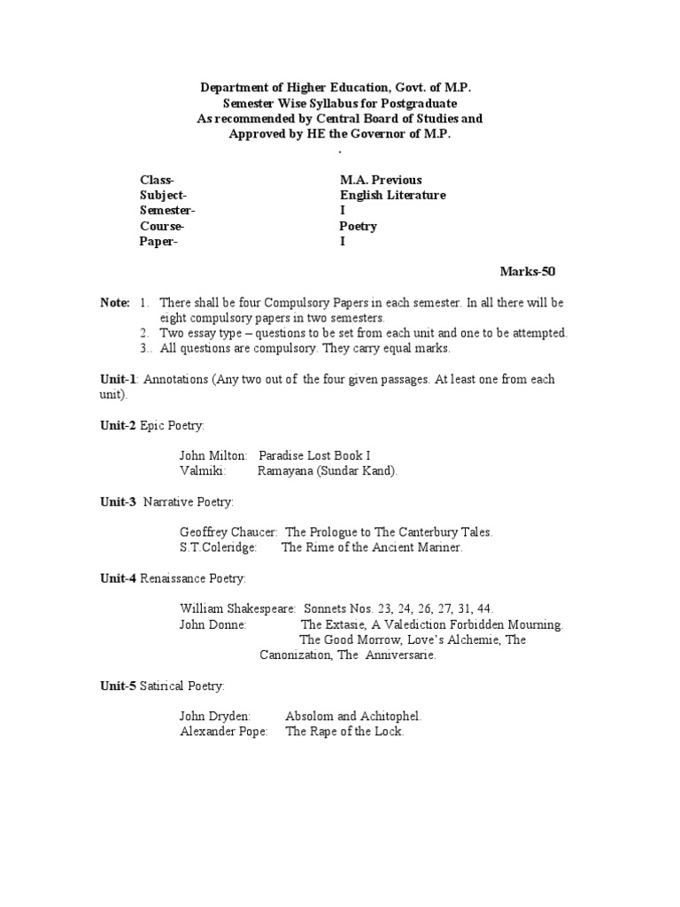 MA English SYLLABUS Jiwaji University Gwaloir | PDF | Stress ...